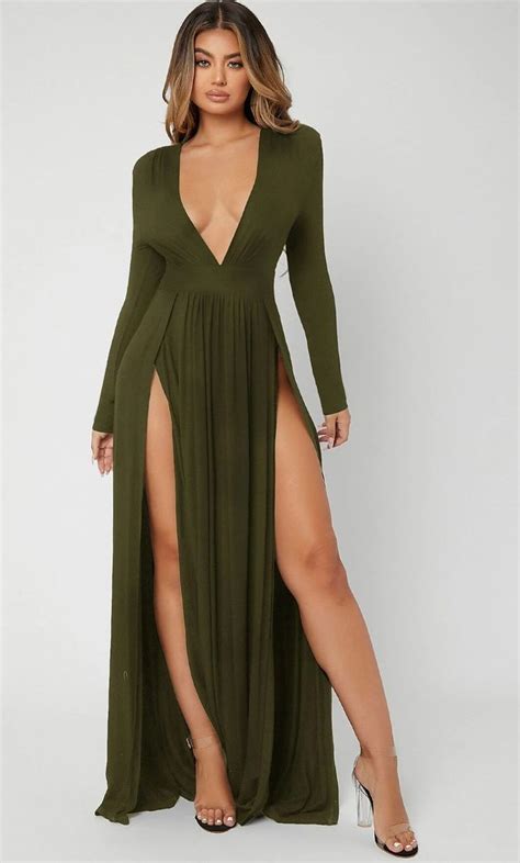 Sxy Plunging Neck High Split Dress For Women Split Dress Thigh