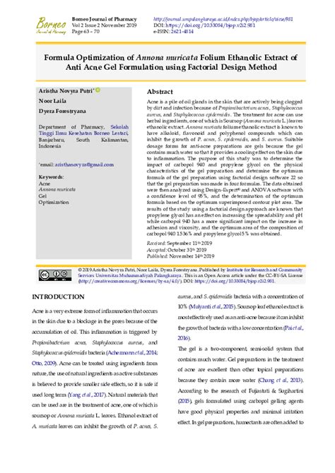 Pdf Optimizing Anti Acne Gel With Soursop Extract