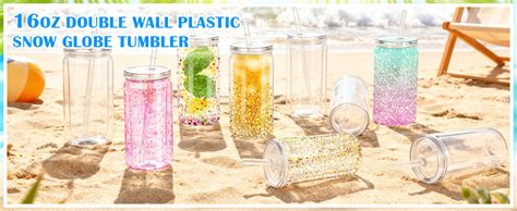 Homiee 8 Pack 16 Oz Plastic Snow Globe Tumbler Pre Drilled