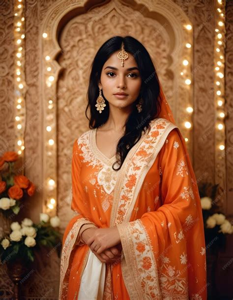 A Woman In An Orange Saree Traditional Orange Whie Saree Traditional