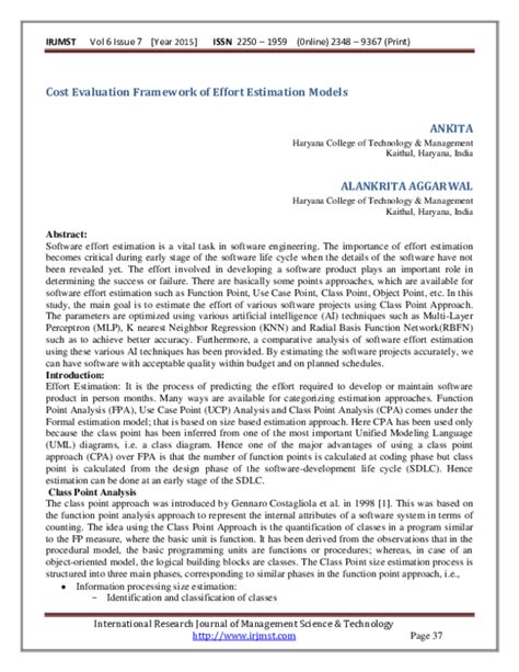 pdf cost evaluation framework of effort estimation models interal res journa managt sci tech