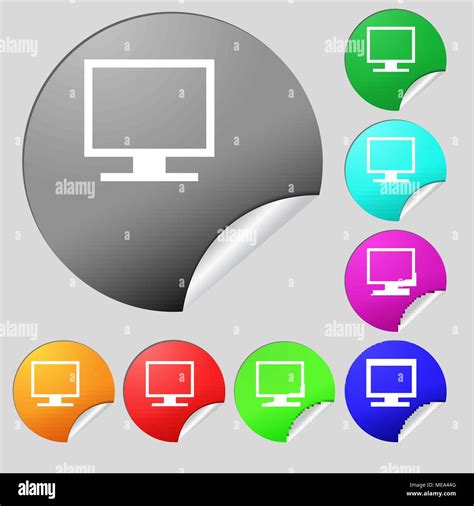 Computer Widescreen Monitor Icon Sign Set Of Eight Multi Colored Round Buttons Stickers