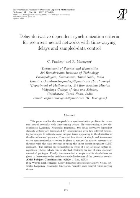 Pdf Delay Derivative Dependent Synchronization Criteria For Recurrent Neural Networks With