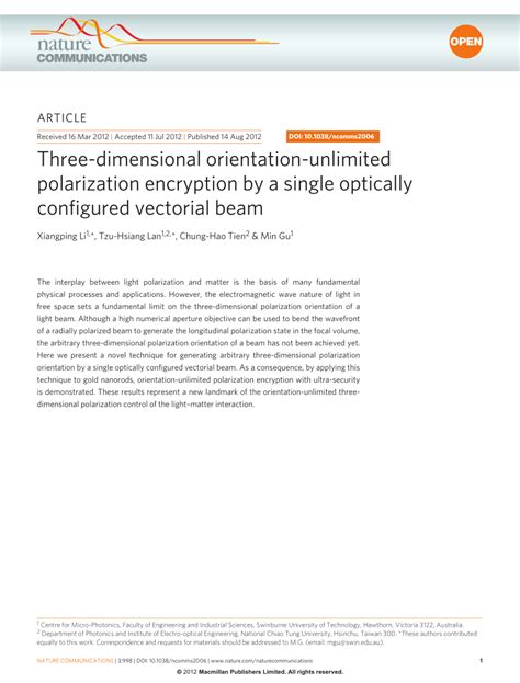 Pdf Three Dimensional Orientation Unlimited Polarization Encryption By A Single Optically