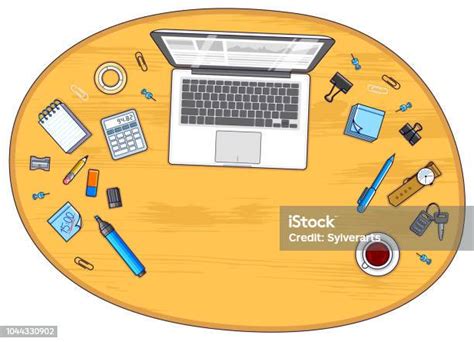 나무 사무실 직원 또는 기업 노트북 컴퓨터와 다양 한 편지지 개체 작업에 대 한 텍스트 복사 공간 책상 직장을 작동 합니다 모든 요소는 별도로 사용 하기 쉽습니다 벡터입니다
