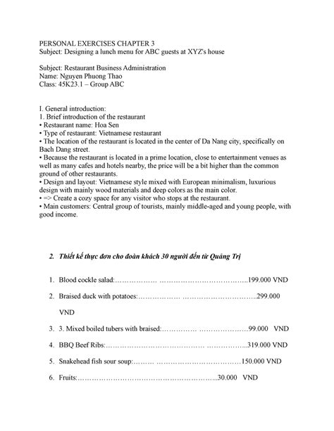 Restaurant Assignment 2 Personal Exercises Chapter 3 Subject