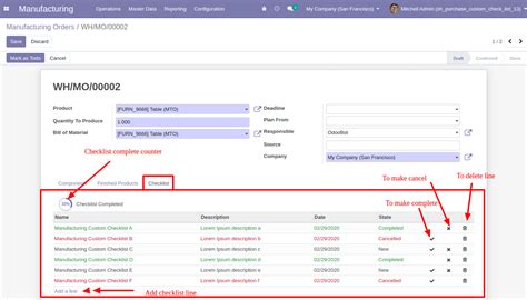 Manufacturing Custom Checklist Odoo