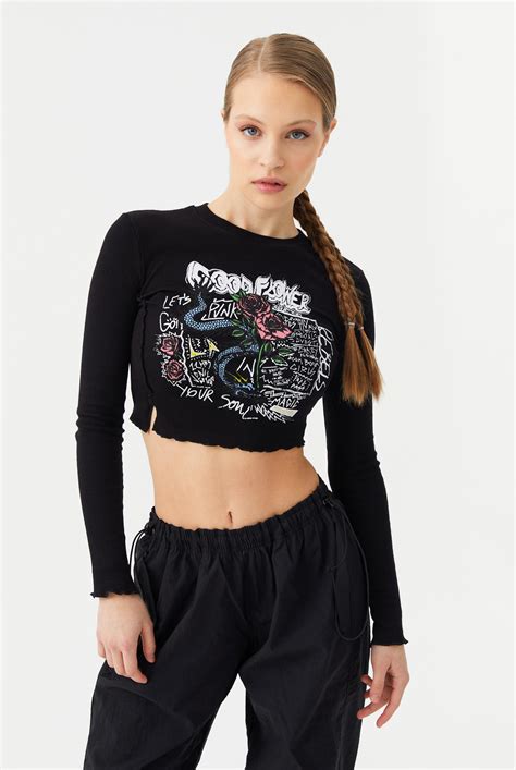 Ecrou Kadın Siyah Bisiklet Yaka Önü Baskılı Kaşkorse Crop Body