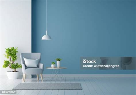 자유로운 공간 3d 렌더링이 있는 푸른 거실의 회색 안락의자 벽에 대한 스톡 사진 및 기타 이미지 벽 화분 원예용품 회색