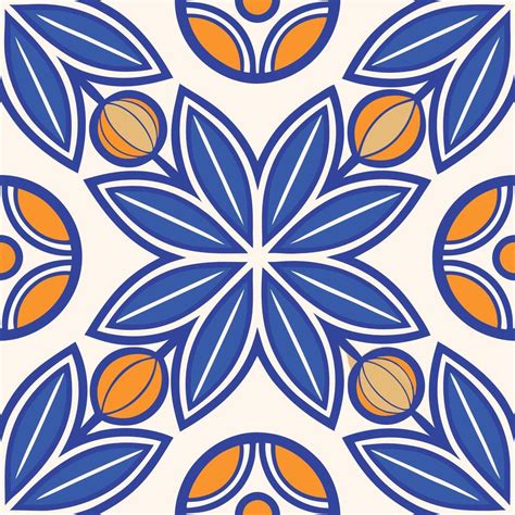 Blue Orange Floral Tile Pattern Geometric Design Background 54990768