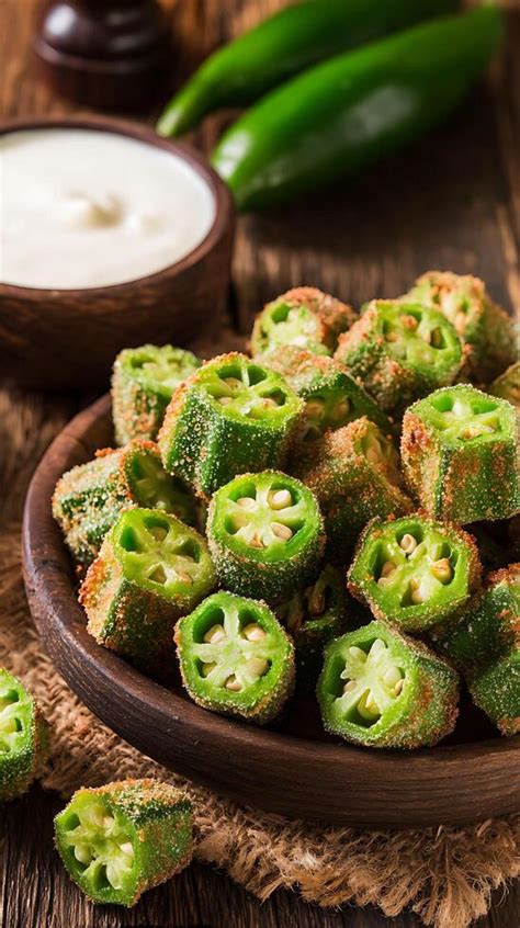 Crispy Fried Okra Bites With Creamy Dip And Jalapenos 68239849 Stock