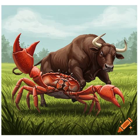 A Large Red Crab And A Brown Bull Face Off In A Grassy Field Under A