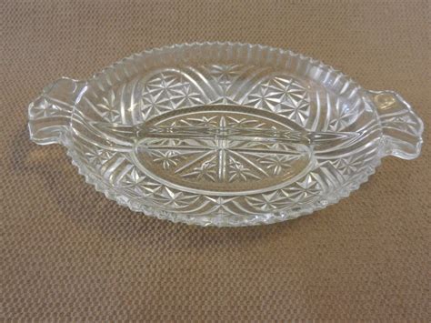 Vintage Glass Divided Relish Tray Oblong Handles Scalloped Edges Vintage