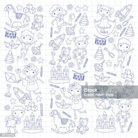 유치원 유치원 보육원 교육 어린이 낙서 패턴 아이 놀이 공부 하는 남자와 여자와 아이 드로잉 아이콘 공간 모험 탐험 상상력 개념 2 3 살에 대한 스톡 벡터 아트 및 기타