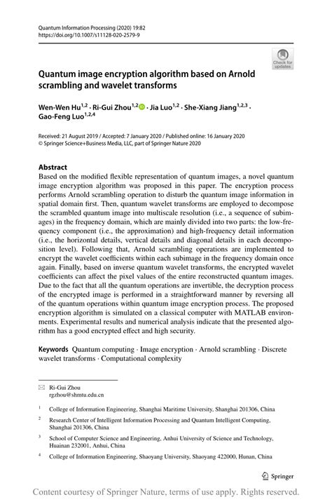 quantum image encryption algorithm based on arnold scrambling and wavelet transforms request pdf