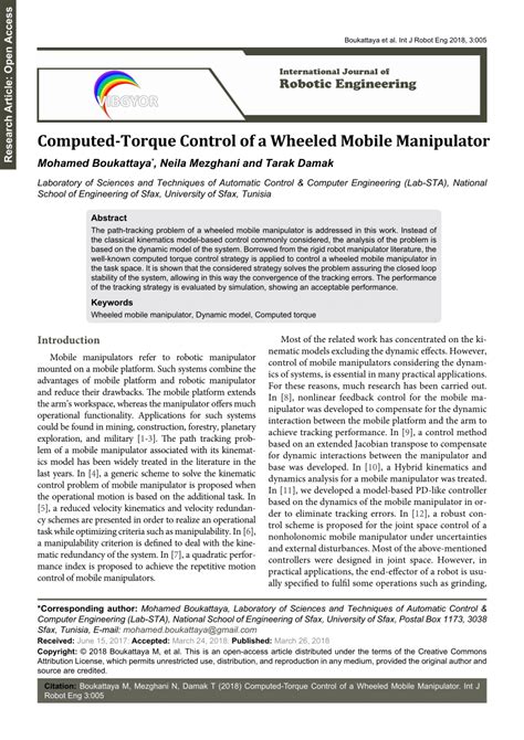 pdf computed torque control of a wheeled mobile manipulator