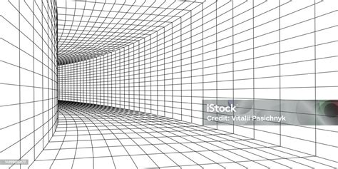 파란색 배경에 흰색의 3d 와이어 프레임 룸 추상적 인 원근감 그리드 벡터 일러스트레이션 바둑판에 대한 스톡 벡터 아트 및 기타