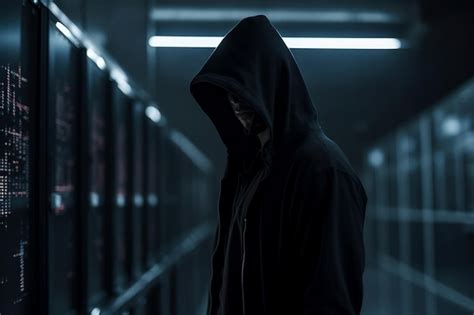 premium ai image dark hacker with hood and mask inside of data center