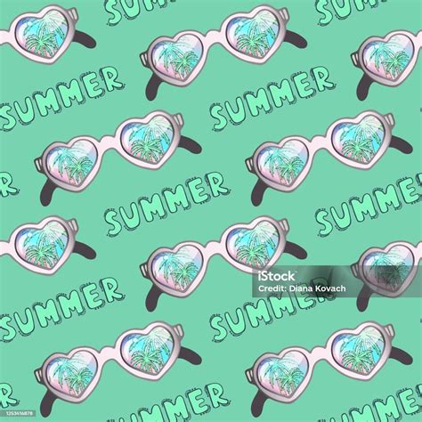 손으로 그린 매끄러운 패턴의 하트 선글라스 반사 열대 야자수 레터링 여름 인사말 카드 초대장 벽지 포장지를위한 귀여운 다채로운 낙서 스케치 그림 개체 그룹에 대한 스톡 벡터