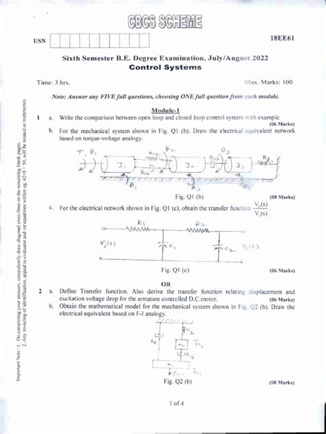 Vtu Exam Question Paper With Solution Of 18ee61 Control Systems Aug