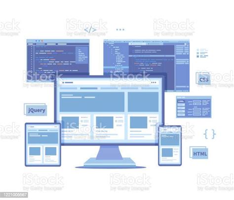 프런트 엔드 개발 사이트 레이아웃 만들기 템플릿 모니터 화면 태블릿 전화 Html Css Js 프로그래밍 코드에 웹 사이트 Ui Ux 인터페이스 흰색 배경의 벡터 그림