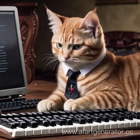 Programmer Cat Typing On Keyboard With Winchester Gun Ai Art Generator