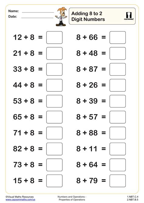Adding 8 To 2 Digit Numbers 20 Questions PDF Printable Worksheets Library