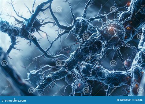 Generative Ai Image Of Neural Nerve Network With Cells On Blur Dark Background Stock
