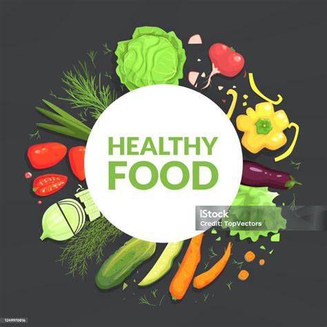 건강한 식품 배너 템플릿 둥근 모양의 맛있는 야채 프레임 유기농 가게 레스토랑 카페 벡터 일러스트레이션 건강한 생활방식에 대한 스톡 벡터 아트 및 기타 이미지 Istock