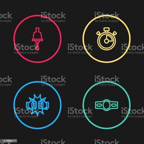 권투 글러브 권투 벨트 스톱워치 및 울리는 벨 아이콘에 라인 펀치를 설정합니다 벡터 Championship에 대한 스톡 벡터