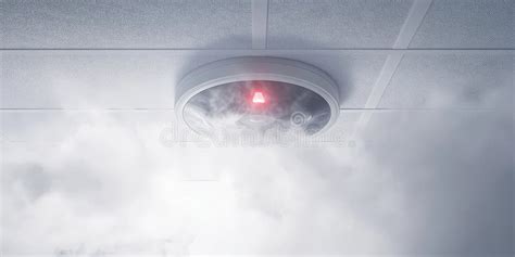 Malfunctioning Sensor With Red Light Smoke Detector With Smoke On White Ceiling Fire Alarm Malfunctioning Sensor With Red Light Smoke Detector With Smoke On White Ceiling Fire Alarm