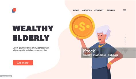 부유 한 노인 방문 페이지 템플릿입니다 큰 황금 동전을 들고 있는 부유한 늙은 사업가 은퇴 한 여성의 번영하는 삶 은퇴에 대한