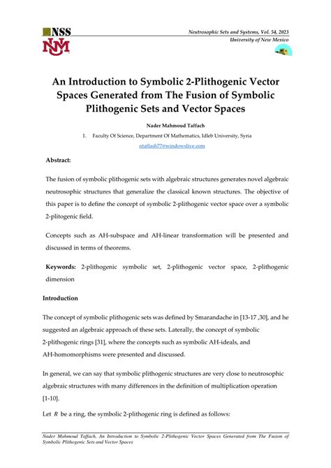 Pdf An Introduction To Symbolic 2 Plithogenic Vector Spaces Generated From The Fusion Of