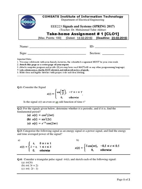 Eee223 Signals Systems Assignment 01 Pdf