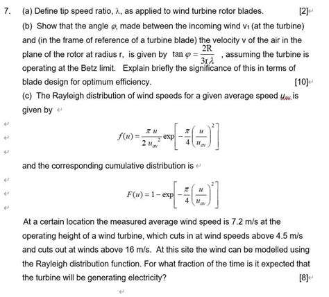 Solved 7 A Define Tip Speed Ratio A As Applied To Wind