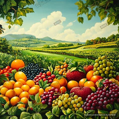 Ai创作图西餐水果壁画 手绘田野果园 新鲜水果果园 硕果累累新鲜水果 果园插画田园风光 水果店装饰画 丰收果实场景 水果林手绘插画 果园丰收插画 草莓蓝莓丰收场景 果园风景水果园 水果店挂画