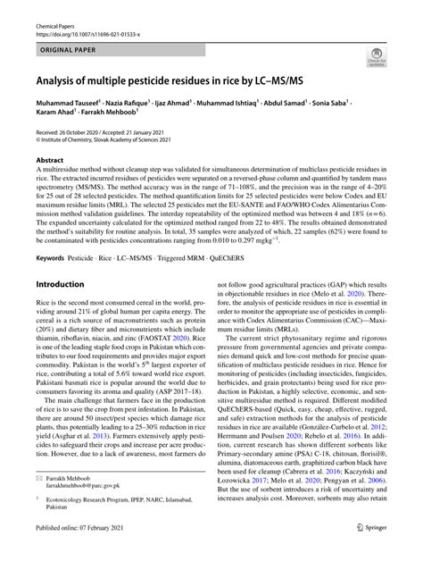 Pdf Analysis Of Multiple Pesticide Residues In Rice By Lc Ms Ms