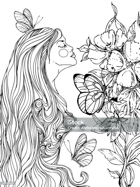 손으로 그린된 잉크 낙서 여자 얼굴과 흰색 바탕에 흐르는 머리 성인을 위한 디자인 포스터 인쇄 전단지 배너 초대 T셔츠 스케치 Eps 8 벡터 T 셔츠에 대한 스톡 벡터