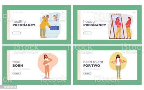 다른 상황의 임산부 방문 페이지 템플릿 세트입니다 다양한 임신 단계의 여성 캐릭터 개체 그룹에 대한 스톡 벡터 아트 및 기타 이미지 개체 그룹 건강한 생활방식 다양
