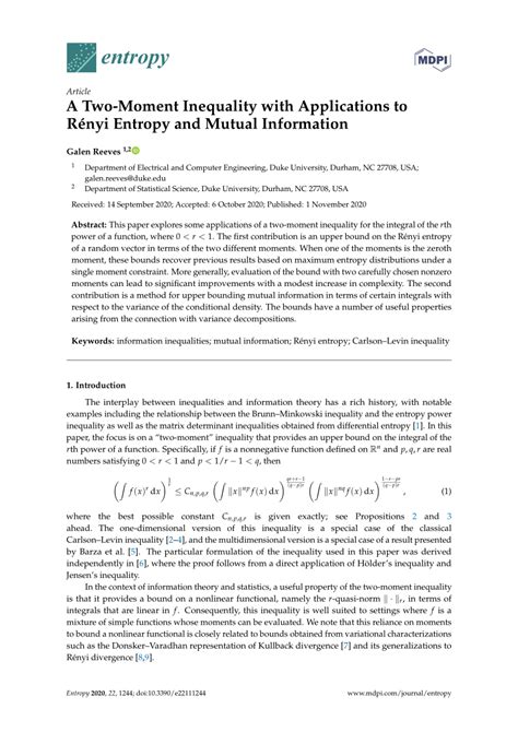 Pdf A Two Moment Inequality With Applications To Rényi Entropy And Mutual Information