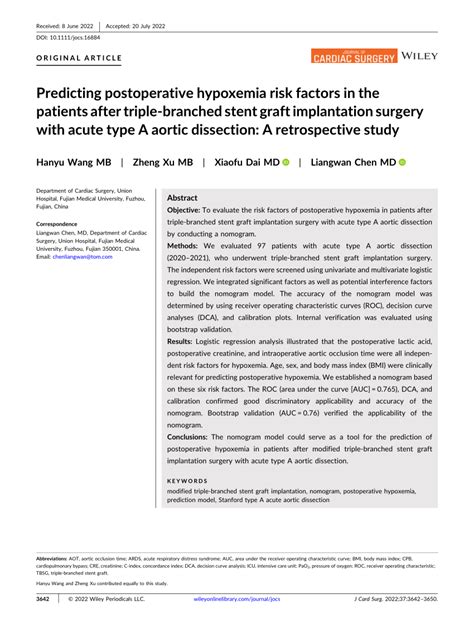Predicting Postoperative Hypoxemia Risk Factors In The Patients After Triple‐branched Stent