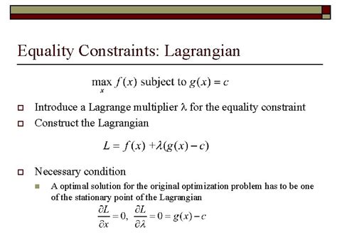 Constrained Optimization Rong Jin Outline O O Equality