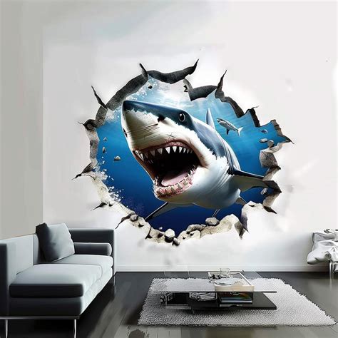3d Realistic White Shark Wall Decal Crack Hole With Shark Open Jaw