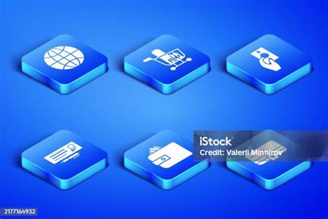 자물쇠가 있는 신용 카드 전 세계 지갑 지폐 현금 은행 수표 및 펜 쇼핑 카트 음식 및 손 잡기 아이콘을 설정합니다 벡터 3차원