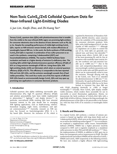 Non Toxic Cuins2 Zns Colloidal Quantum Dot For Near Infrared Light Emitting Diodes Request Pdf