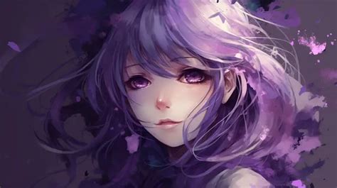 Female Anime Style Artwork With Purple Hair And Purple Eyes Background