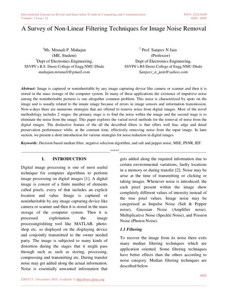 Pdf A Survey Of Non Linear Filtering Techniques For Image Noise Removal