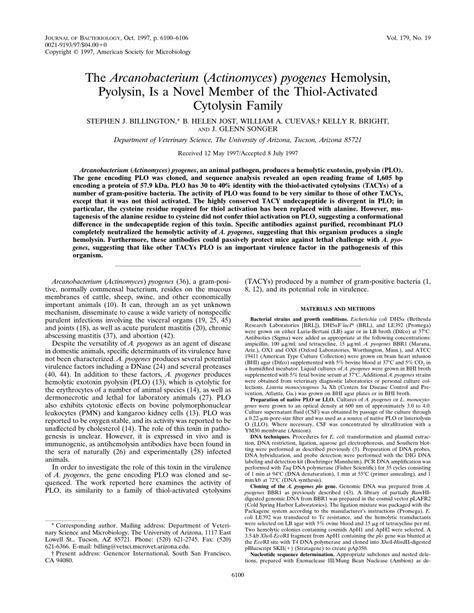 Pdf The Arcanobacterium Actinomyces Pyogenes Hemolysin Pyolysin Is A Novel Member Of The