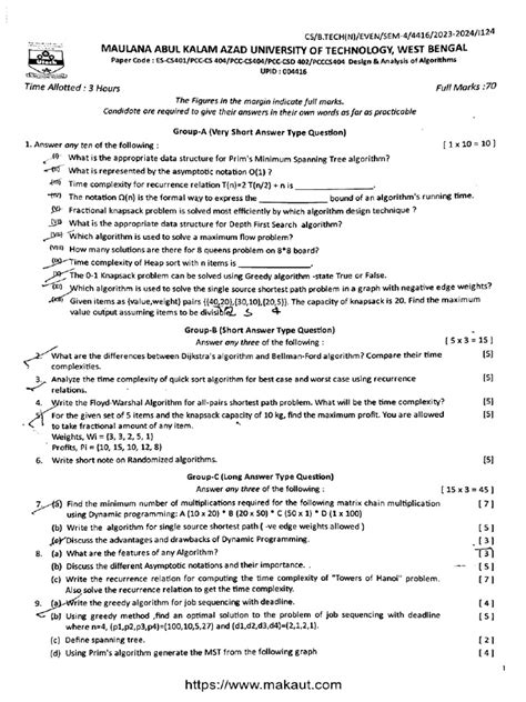 Btech Es Cs Pcc 4 Sem Design And Analysis Of Algorithms Es Cs401 2024 Pdf