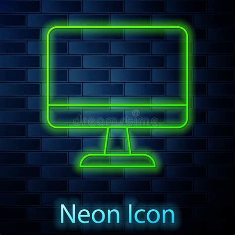 Glowing Neon Line Computer Monitor Screen Icon Isolated On Brick Wall Background Electronic